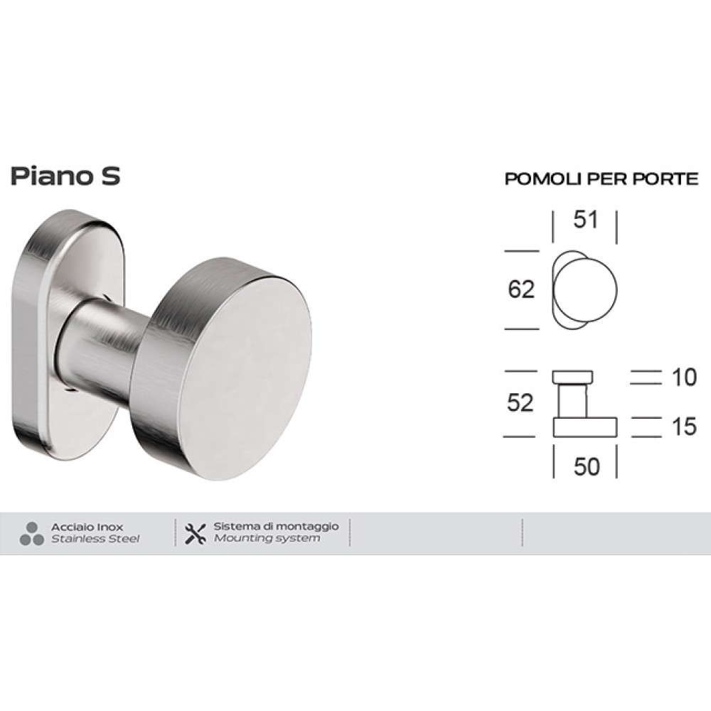 Pomello Acciaio Inox Fisso per Porta - Reguitti Piano S